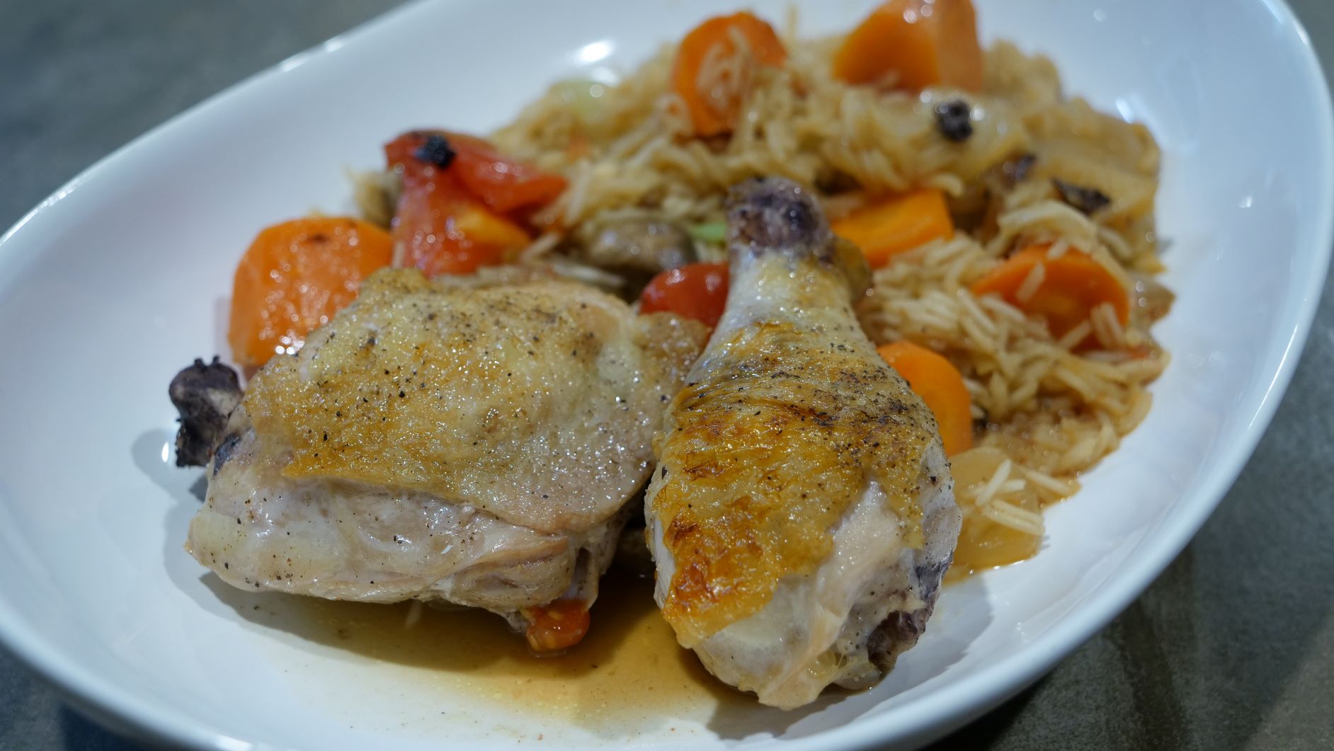 Braised chicken with rice, carrots, mushrooms, and tomatoes – Big Red's ...